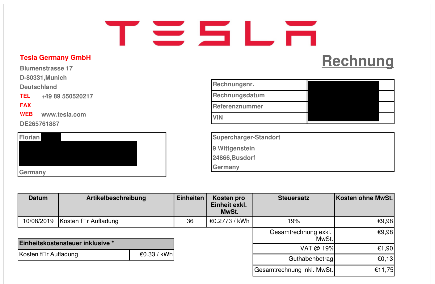 Tesla Rechnung Supercharger